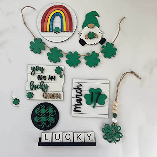 12PC St.Patrick's Day Tiered Tray Decor Set, Shamrocks Green Gnome Wooden Signs Decor, Rustic Farmhouse Tray Sets for Kitchen Home Table Mini Decor Holiday Party Supplies