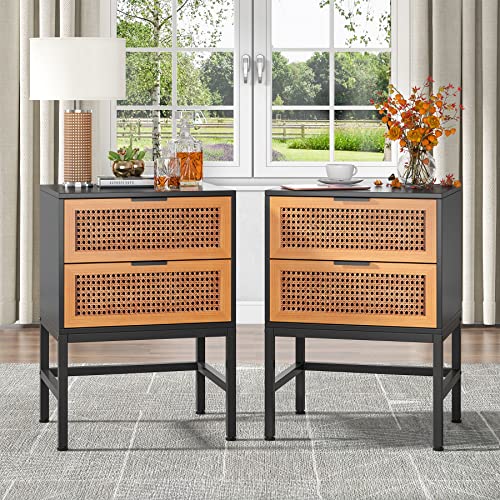 Tribesigns 2-Drawers Nightstands Set of 2, Black Wood Night Stand, Mid-Century Bedside Table, Retro Nightstands with Metal Legs, Bed Side Table for Bedroom, Rattan Nightstand with Big Storage