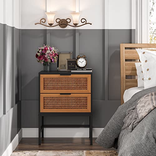 Tribesigns 2-Drawers Nightstands Set of 2, Black Wood Night Stand, Mid-Century Bedside Table, Retro Nightstands with Metal Legs, Bed Side Table for Bedroom, Rattan Nightstand with Big Storage