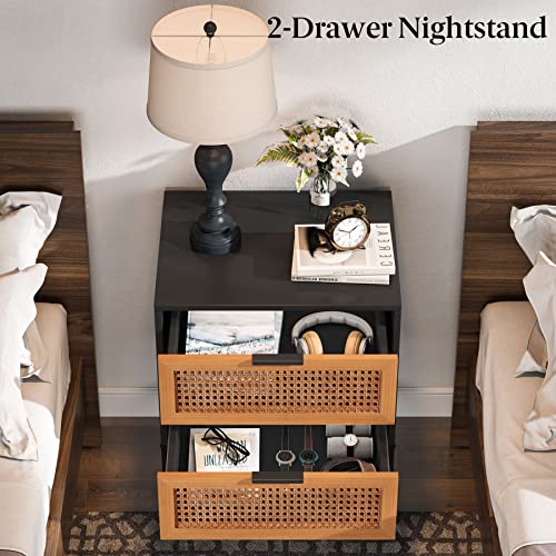 Tribesigns 2-Drawers Nightstands Set of 2, Black Wood Night Stand, Mid-Century Bedside Table, Retro Nightstands with Metal Legs, Bed Side Table for Bedroom, Rattan Nightstand with Big Storage