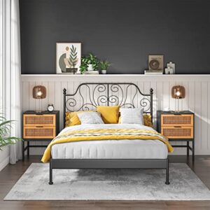 Tribesigns 2-Drawers Nightstands Set of 2, Black Wood Night Stand, Mid-Century Bedside Table, Retro Nightstands with Metal Legs, Bed Side Table for Bedroom, Rattan Nightstand with Big Storage