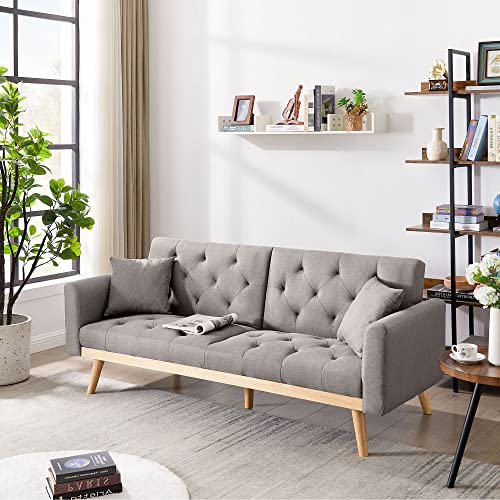 Recaceik Futon Sofa Bed, Convertible Bed Sectional Couch with Two Pillows & Adjustable Backrest, Folding Loveseat Sleeper Sofa Bed with Removable Armrests Linen Fabric Futon Couches for Living Room