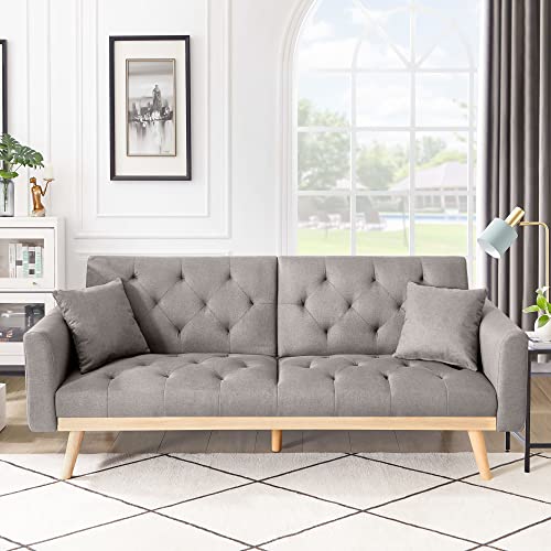 Recaceik Futon Sofa Bed, Convertible Bed Sectional Couch with Two Pillows & Adjustable Backrest, Folding Loveseat Sleeper Sofa Bed with Removable Armrests Linen Fabric Futon Couches for Living Room