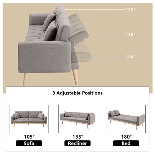 Recaceik Futon Sofa Bed, Convertible Bed Sectional Couch with Two Pillows & Adjustable Backrest, Folding Loveseat Sleeper Sofa Bed with Removable Armrests Linen Fabric Futon Couches for Living Room