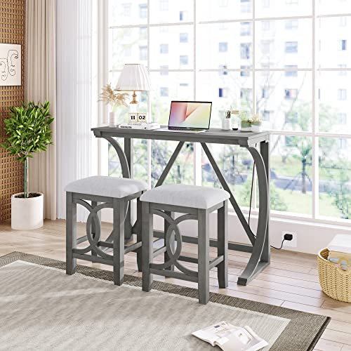 VilroCaz Farmhouse 3-Piece Counter Height Dining Table Set with USB Port and 2 Upholstered Stools, Rustic Dining Set Bar Set for Dining Room Kitchen (Gray-R)