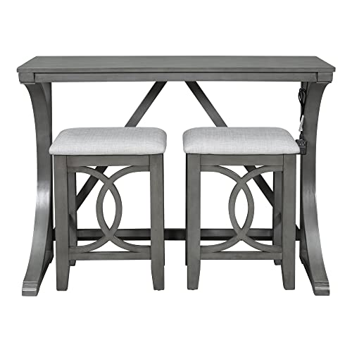 VilroCaz Farmhouse 3-Piece Counter Height Dining Table Set with USB Port and 2 Upholstered Stools, Rustic Dining Set Bar Set for Dining Room Kitchen (Gray-R)