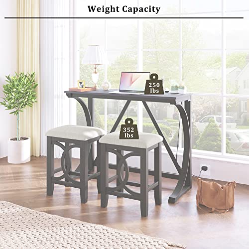 VilroCaz Farmhouse 3-Piece Counter Height Dining Table Set with USB Port and 2 Upholstered Stools, Rustic Dining Set Bar Set for Dining Room Kitchen (Gray-R)