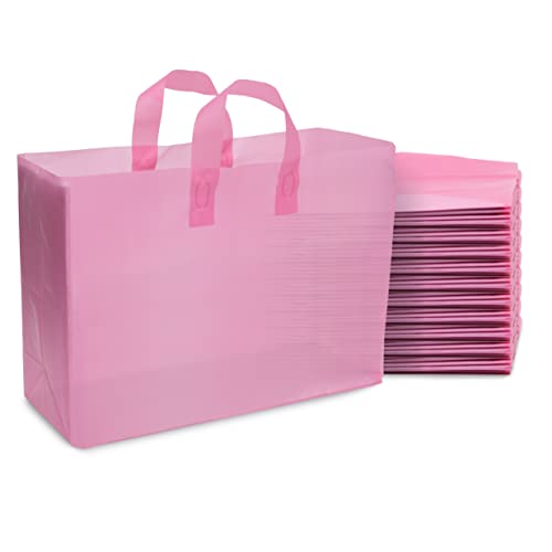 Pink Gift Bags - 16x6x12 200 Pack Large Frosted Plastic Shopping Bags with Handles, Gift Wrap Totes for Small Business, Retail & Boutique Merchandise Use, Birthday Party, Goodie & Favor Bags, in Bulk