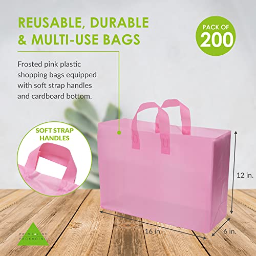 Pink Gift Bags - 16x6x12 200 Pack Large Frosted Plastic Shopping Bags with Handles, Gift Wrap Totes for Small Business, Retail & Boutique Merchandise Use, Birthday Party, Goodie & Favor Bags, in Bulk