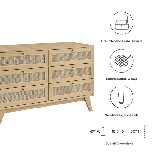 Modway Soma 6-Drawer Double Dresser in Oak, 18.5 x 47 x 30