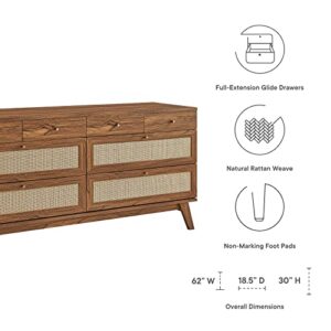 Modway Soma 8-Drawer Double Dresser in Walnut, 62 x 18.5 x 30