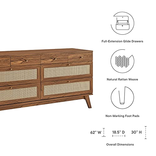 Modway Soma 8-Drawer Double Dresser in Walnut, 62 x 18.5 x 30