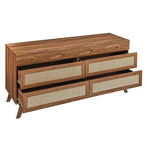 Modway Soma 8-Drawer Double Dresser in Walnut, 62 x 18.5 x 30