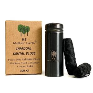 me mother earth vegan biodegradable bamboo charcoal dental floss with refillable black stainless steel container | 33yds x2 | extra floss| natural candelilla wax | peppermint | zero waste oral care