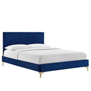 modway mod-7013-nav leah chevron tufted performance velvet king platform bed, navy