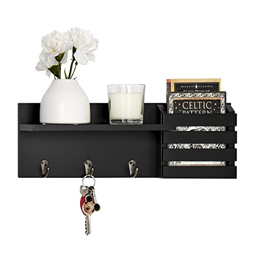 Danya B. Entryway Utility Wall Shelf with Pocket and Hanging Hooks (Black)