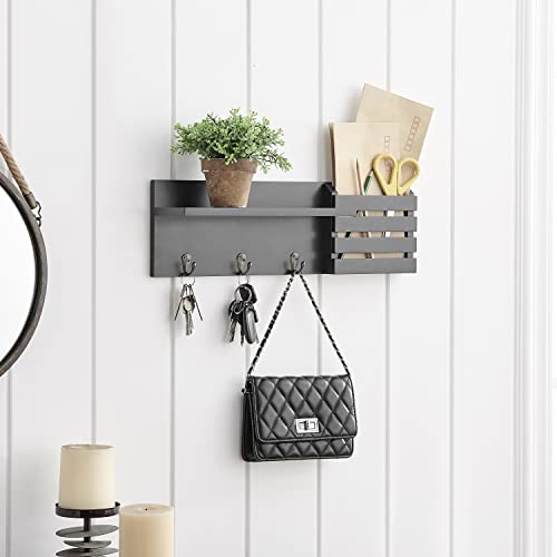 Danya B. Entryway Utility Wall Shelf with Pocket and Hanging Hooks (Black)