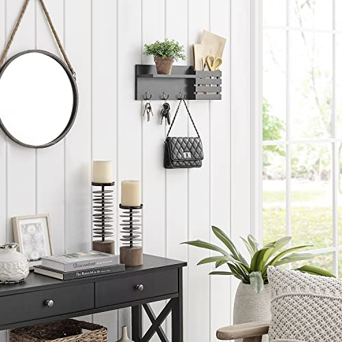 Danya B. Entryway Utility Wall Shelf with Pocket and Hanging Hooks (Black)