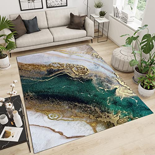 Morocco Nordic Simplicity Area Rug, Golden Green Marble Room Rug, Living Room Rug Flannel Soft Washable Durable Rubber Backing for Floor Decoration Bedroom Office Entryway, 6 x 8ft