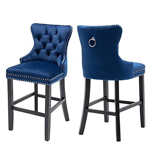 GOOLON Bar Stools Set of 2, Velvet 26 Inch Seat Height Counter Height Barstools Button Tufted Backrest, Rivet Trim Bar Chairs for Kitchen Island Mid-Century Metal Pull Ring Wood Frame Legs, Blue