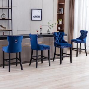 GOOLON Bar Stools Set of 2, Velvet 26 Inch Seat Height Counter Height Barstools Button Tufted Backrest, Rivet Trim Bar Chairs for Kitchen Island Mid-Century Metal Pull Ring Wood Frame Legs, Blue