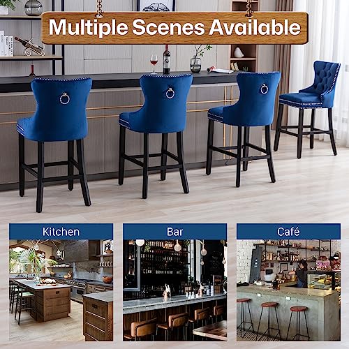 GOOLON Bar Stools Set of 2, Velvet 26 Inch Seat Height Counter Height Barstools Button Tufted Backrest, Rivet Trim Bar Chairs for Kitchen Island Mid-Century Metal Pull Ring Wood Frame Legs, Blue