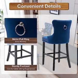 GOOLON Bar Stools Set of 2, Velvet 26 Inch Seat Height Counter Height Barstools Button Tufted Backrest, Rivet Trim Bar Chairs for Kitchen Island Mid-Century Metal Pull Ring Wood Frame Legs, Blue