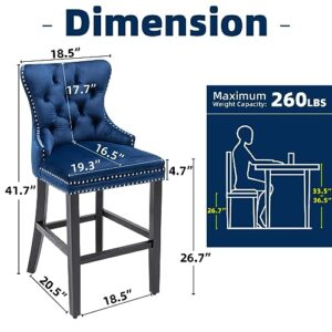 GOOLON Bar Stools Set of 2, Velvet 26 Inch Seat Height Counter Height Barstools Button Tufted Backrest, Rivet Trim Bar Chairs for Kitchen Island Mid-Century Metal Pull Ring Wood Frame Legs, Blue