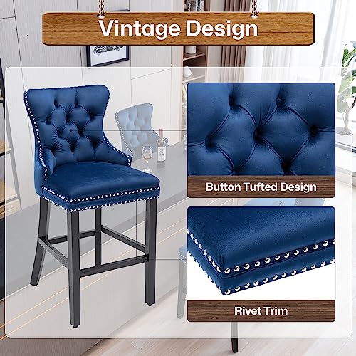 GOOLON Bar Stools Set of 2, Velvet 26 Inch Seat Height Counter Height Barstools Button Tufted Backrest, Rivet Trim Bar Chairs for Kitchen Island Mid-Century Metal Pull Ring Wood Frame Legs, Blue