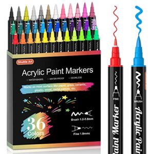 shuttle art 36 colors dual tip acrylic paint markers, brush tip and fine tip acrylic paint pens for rock painting, ceramic, wood, canvas, plastic, glass, stone, calligraphy, card making, diy crafts