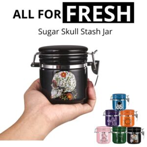 Sugar Skull Stash Jar Half Oz (250ml), Odor Smell Proof Jar Airtight Container Keep Herbs Fresh Storage, Flower Skull Bowl Bottle Holder - Goth Skull Decor Gothic Sugar Skull Gifts for Women -Black