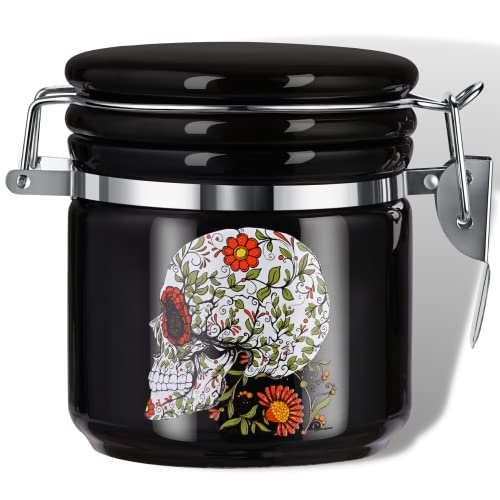 Sugar Skull Stash Jar Half Oz (250ml), Odor Smell Proof Jar Airtight Container Keep Herbs Fresh Storage, Flower Skull Bowl Bottle Holder - Goth Skull Decor Gothic Sugar Skull Gifts for Women -Black