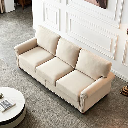 OUMACO Linen Fabric Upholstery Sofas and Couches for Living Room Comfy Couch 3 Seater Sofa with Storage (Beige)