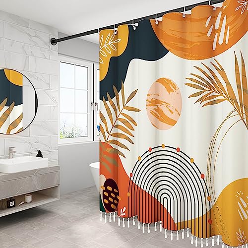 GiuMsi 72"X72" Fabric Boho Clay Style Shower Curtain Set Abstract Brown Beige Arch Sun Modern Leaves Bathroom Curtain Washable Durable Home Decoration 12 Hook