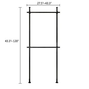 Industrial Pipe Clothes Rack, 2 Tier Clothing Rack with Shelves, Heavy Duty Detachable Wall Mounted Black Iron Garment Bar, Clothing Store Display Stands Garment Rack Closet System (120 x 43.3inch)