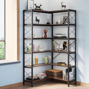 wildhome 6-shelf corner bookshelf, vintage industrial corner bookshelf etagere bookcase, large book shelf with metal frame open storage corner cabinet for living room home office（retro brown）