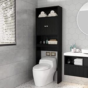 Majnesvon Toilet Bathroom Storage Cabinet Double Doors Bathroom Organizer Toilet Cabinet Freestanding Above Toilet Rack with Open Shelves and Adjustable Bottom Bar 76.8 in Black