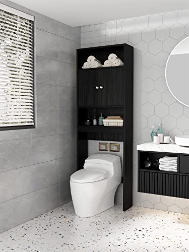 Majnesvon Toilet Bathroom Storage Cabinet Double Doors Bathroom Organizer Toilet Cabinet Freestanding Above Toilet Rack with Open Shelves and Adjustable Bottom Bar 76.8 in Black