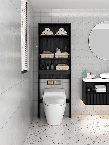 Majnesvon Toilet Bathroom Storage Cabinet Double Doors Bathroom Organizer Toilet Cabinet Freestanding Above Toilet Rack with Open Shelves and Adjustable Bottom Bar 76.8 in Black