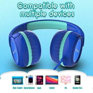 Jimonyer Kids Headphones for School, 3.5mm Jack Wired Safe Volume Limit Headphones for Kids, HD Stereo Sound On-Ear Girls Boys Toddler Headphones for Tablet, iPad, Kindle,Blue Green