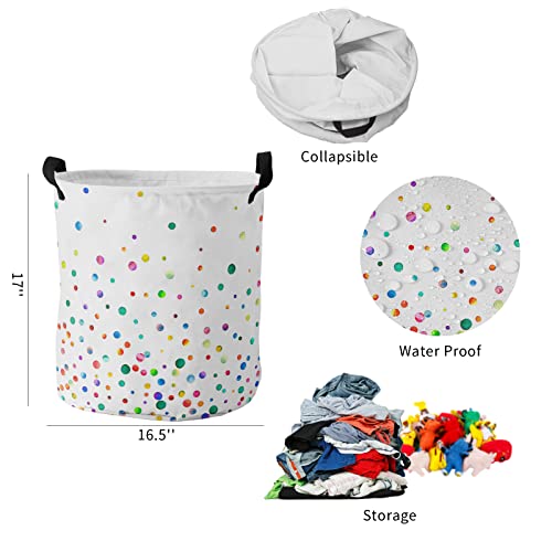 Colorful Polka Dot Large Laundry Basket, Waterproof Laundry Hamper for Baby Clothes, Watercolor Color Ombre Foldable Laundry Baskets with Handles, 16.5''x17''