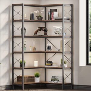 glaubio 6-shelf corner bookcase, vintage industrial corner shelf stand etagere bookcase,corner shelf storage display rack with metal frame for living room home office（retro brown）