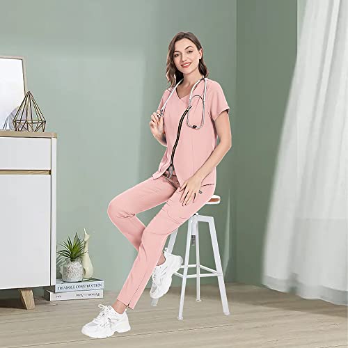 niaahinn Scrub for Women Medical Uniform Scrub Top & Jogger Pants Women Scrub Suit (Pink,M,Medium)