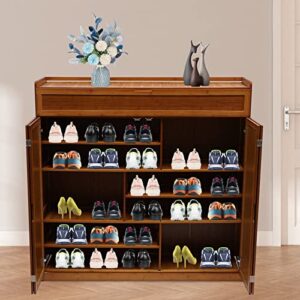 bamboo 7-tier shoe organizer cabinet with folding door, compartment heels long boots, hallway entryway, brown, shoe storage cabinet, shoes rack organizer for bedroom closet entryway living room