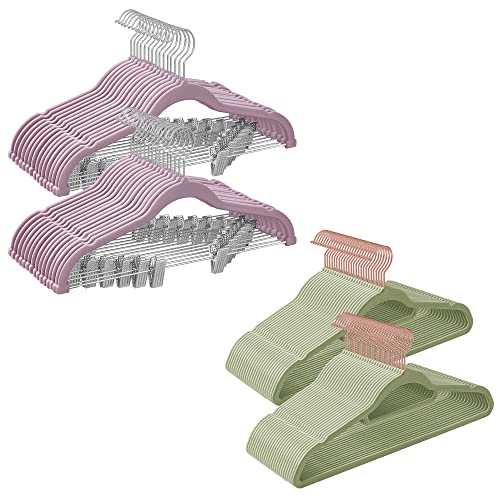 SONGMICS 30-Pack Pants Hangers and 50-Pack Clothes Hangers Bundle, Velvet Hangers with Adjustable Clips and Swivel Hooks, Space-Saving, Pale Purple and Pale Green UCRF012GP30 and UCRF021GR50