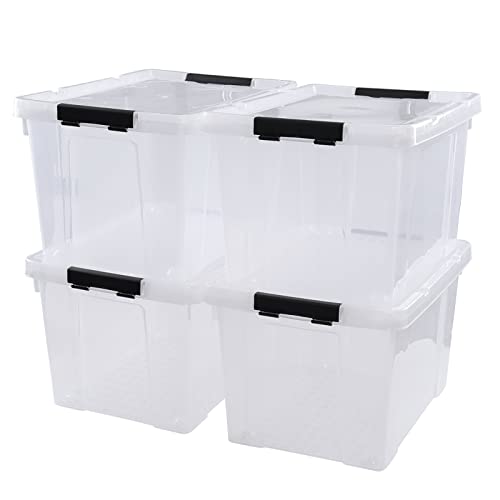 Obstnny 34 Qt Clear Lidded Storage Bins, 4 Packs, Plastic Latching Box with Wheels