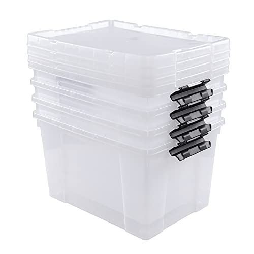 Obstnny 34 Qt Clear Lidded Storage Bins, 4 Packs, Plastic Latching Box with Wheels