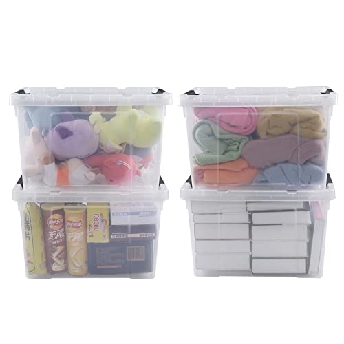 Obstnny 34 Qt Clear Lidded Storage Bins, 4 Packs, Plastic Latching Box with Wheels