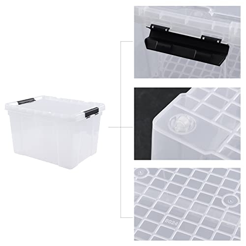 Obstnny 34 Qt Clear Lidded Storage Bins, 4 Packs, Plastic Latching Box with Wheels