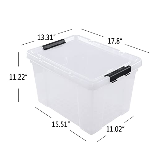 Obstnny 34 Qt Clear Lidded Storage Bins, 4 Packs, Plastic Latching Box with Wheels